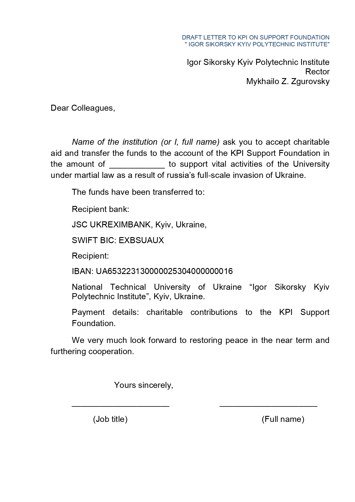 Donation to the KPI Support Foundation – International Collaboration